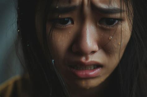 Dramatic Close Up Portrait Of Sad Teenage Asian Girl Crying With Tears