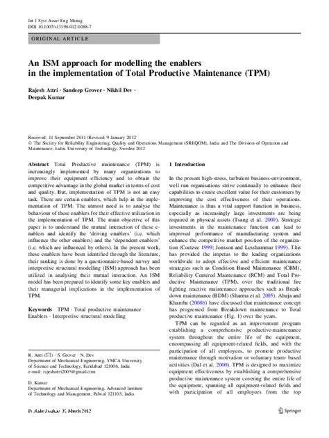 Pdf An Ism Approach For Modelling The Enablers In The Implementation Of Total Productive