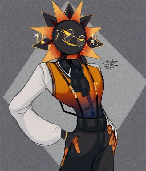 A Drawing Of A Person Wearing An Orange And Black Outfit With Sun On