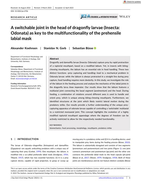 Pdf A Switchable Joint In The Head Of Dragonfly Larvae Insecta Odonata As Key To The