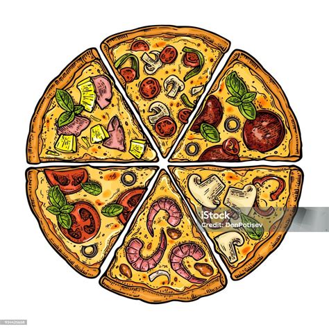 설정 조각 피자 페퍼로니 마르게리타 해산물 Capricciosa 하와이 멕시코 빈티지 벡터 일러스트 포스터 메뉴 상자에 대 한 조각 고기에 대한 스톡 벡터 아트 및 기타