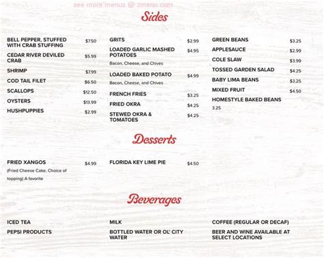 Online Menu Of Cedar River Seafood Restaurant Inverness Florida