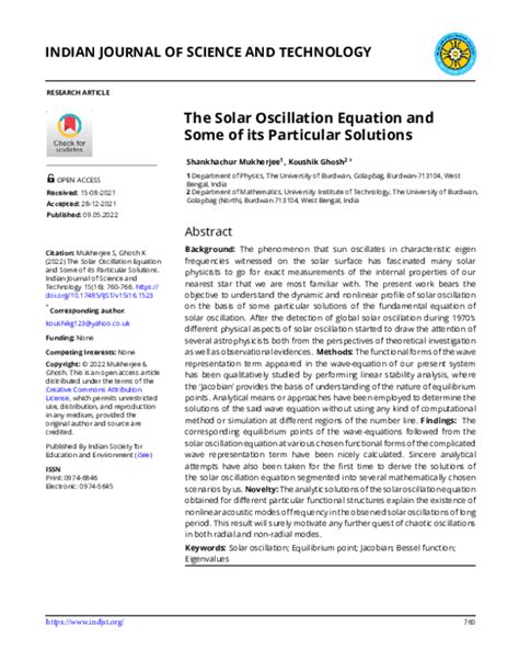 Pdf The Solar Oscillation Equation And Some Of Its Particular Solutions