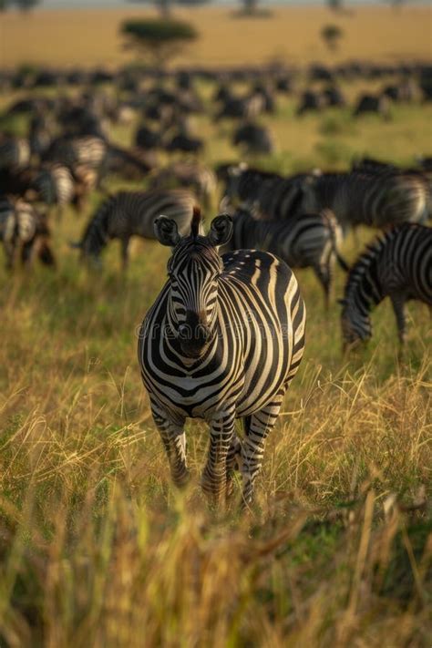 A Zebra Stands Out From A Large Herd As They Graze In The African