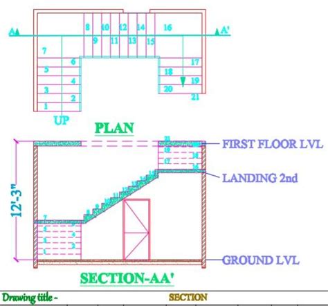 Plan Elevation And Section Of Staircase Construction Detail 2d View Cad Structural Block Layout