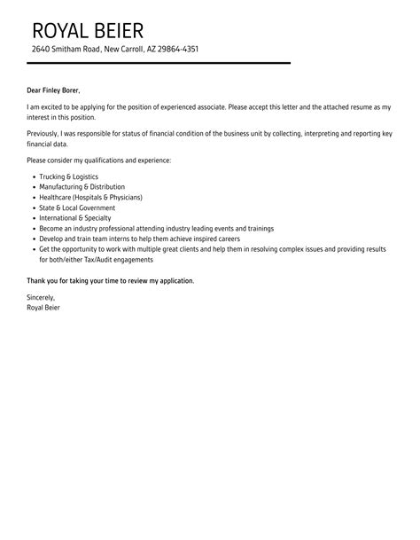 Experienced Associate Cover Letter Velvet Jobs
