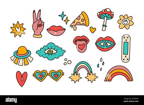 Retro Cute Cartoon Hippy Groovy Vector Sticker Set Hand Sign Cool