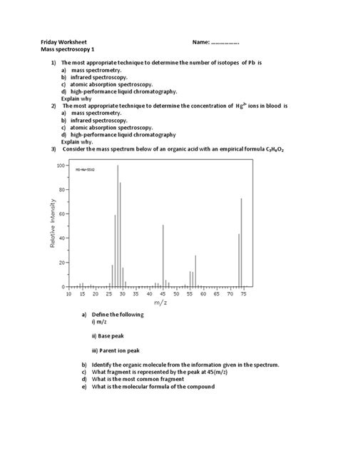 Mass Spectroscopy Worksheet