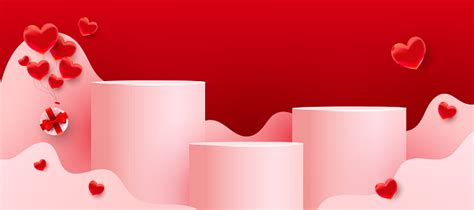 빈 연단 받침대 또는 종이 컷 물결 모양과 분홍색 배경에 빨간 사랑 풍선 플랫폼 제품 프레젠테이션을 위한 기하학적 양식의 최소 장면입니다 벡터 일러스트레이션 3차원 형태에