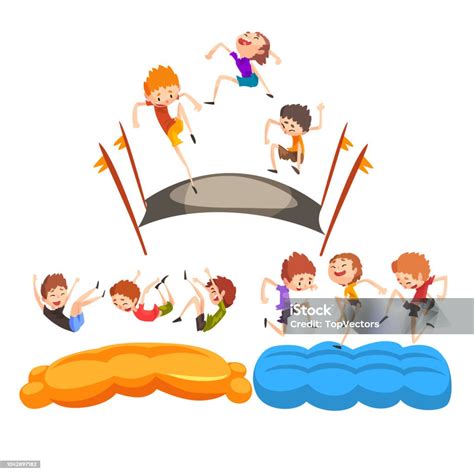 트램 폴 린에 점프 하는 행복 한 아이 트램 폴 린에 재미 귀여운 소년 흰색 배경에 그림을 벡터 트램펄린 스포츠에 대한 스톡