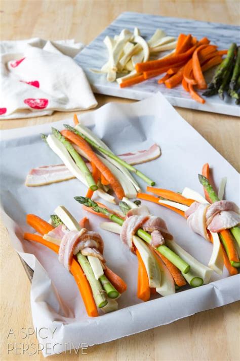 Bacon Wrapped Roasted Vegetables Maple Glaze