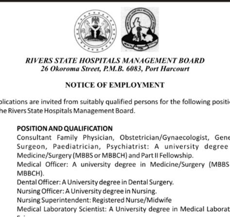 2023 Rivers State Hospital Management Board Recruitment 75 Position