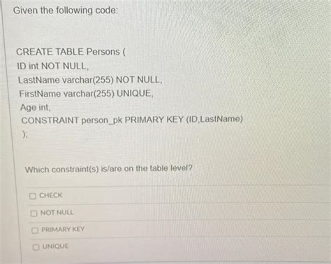 solved given the following code create table persons id