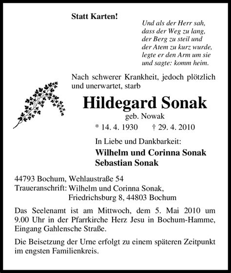 Traueranzeigen Von Hildegard Sonak Trauer In Nrw De