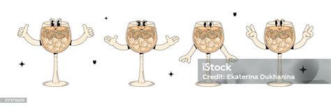 복고풍 그루비 캐릭터 여름 칵테일을 설정합니다 펑키한 알코올 음료 다양한 포즈와 감정으로 리몬첼로를 뿌립니다 빈티지 벡터 일러스트 레이 션 70 년대 80 년대 스타일