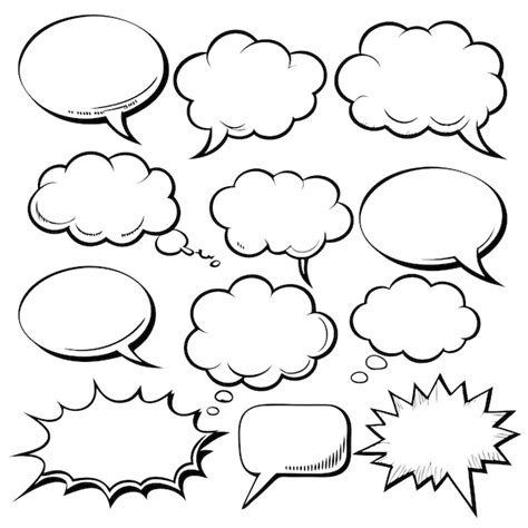 Collection Of 12 Handdrawn Black And White Speech Bubbles On White