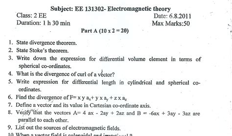 Electromagnetic Theory Unit 1 Question Paper ~ Vidyarthiplus V