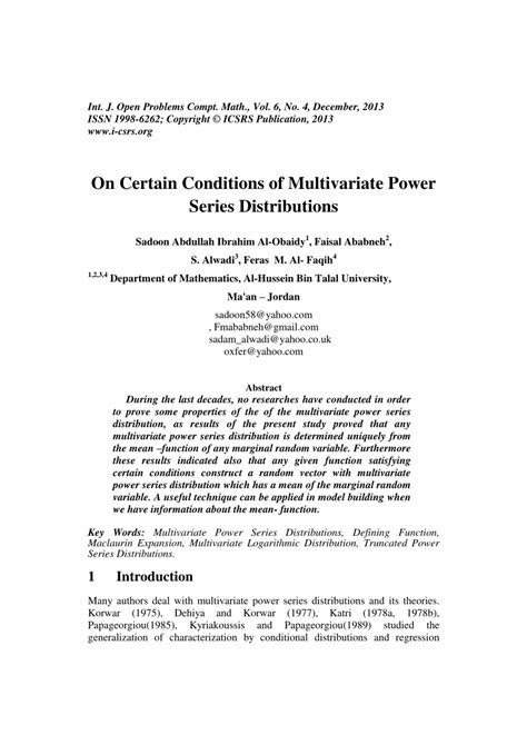 Pdf On Certain Conditions Of Multivariate Power Series Distributions