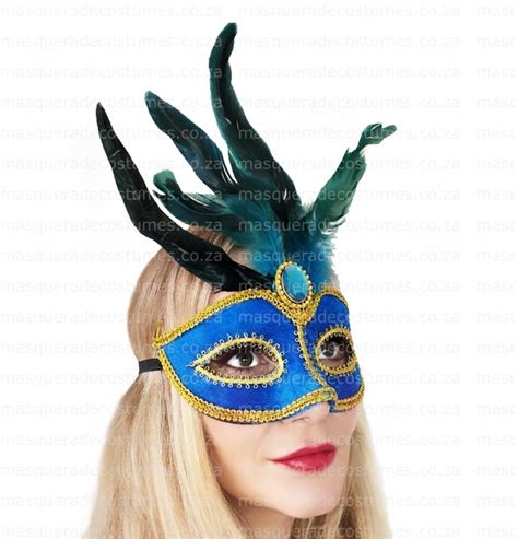Masquerade Velvet Feathered Mask Blue With Gold Trim Masquerade