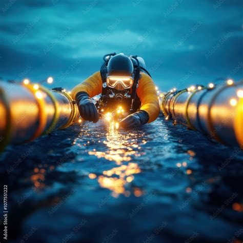 underwater diver conducting detailed inspection of pipeline for