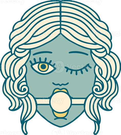 Iconic Tattoo Style Image Of A Winking Female Face Wearing Ball Gag