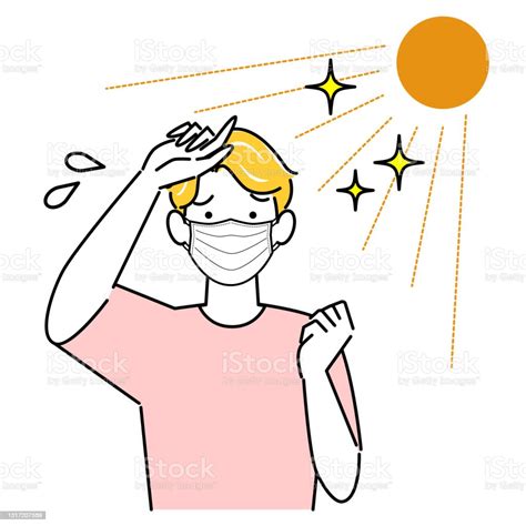 여름에 마스크를 쓰고 피부가 뜨겁게 땀을 흘리며 피부가 건조한 남성 심플 벡터 여름에 마스크를 쓰고 거칠고 따끔거림을 앓고 있는