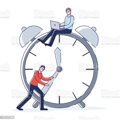 시간 관리 및 마감일의 개념 비즈니스 오피스 사람들은 자신의 작업에 설정 된 기한을 따라하려고합니다 남자는 화살표를 들고 시계를