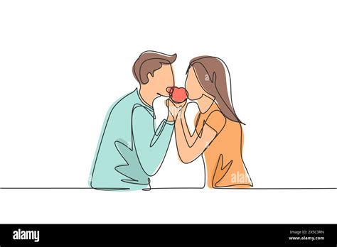 Single One Line Drawing Young Beautiful Couple Sharing Apple Celebrate