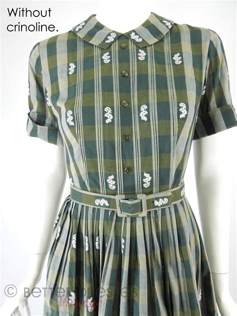 50s60s Green Plaid Belted Full Shirtwaist Dress Better Dresses Vintage