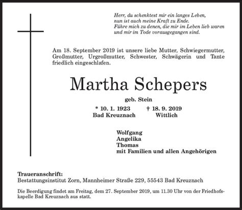 Traueranzeigen Von Martha Schepers Vrm Trauer De