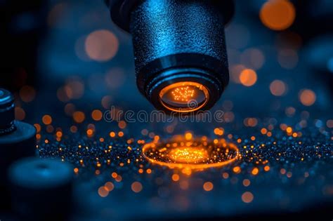 Advanced Optical Microscope Lens Focusing On Glowing Particles In Laboratory Setting For