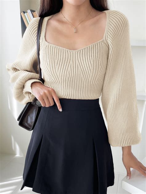Dazy Sweetheart Neck Lantern Sleeve Sweater Shein Usa