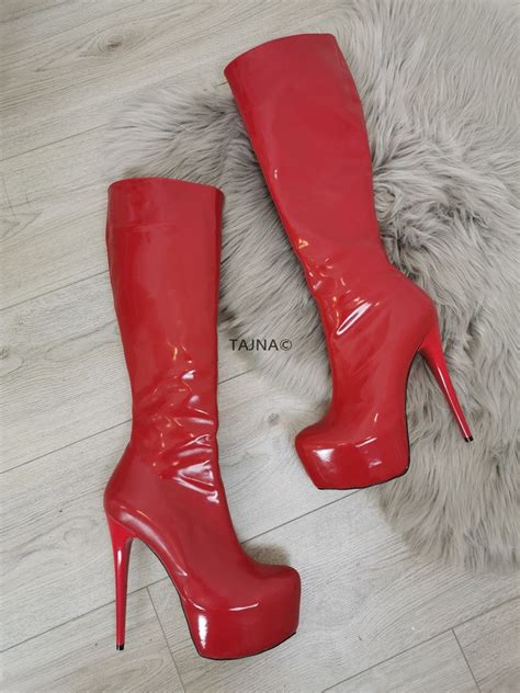 Red Patent Mid Calf Platform Boots Tajna Shoes Tajna Club