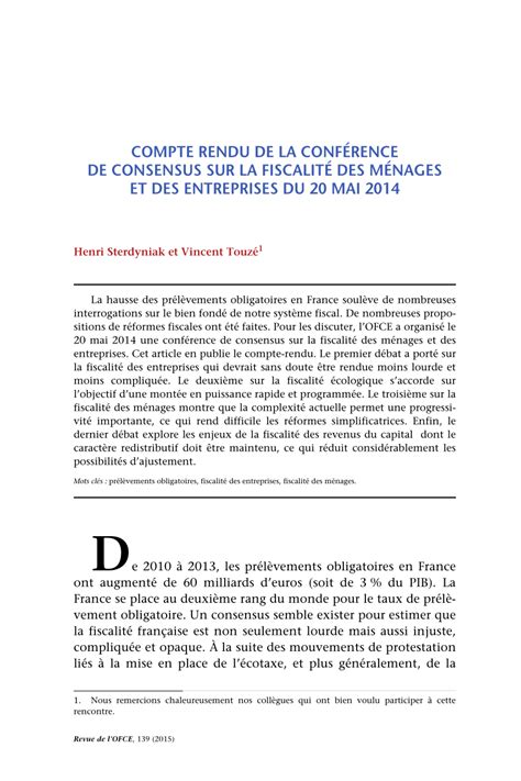 Pdf Compte Rendu De La Conférence De Consensus Sur La Fiscalité Des
