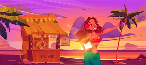 Woman Making Selfie Near Tiki Hut Bar With Barman Vector Art At Vecteezy