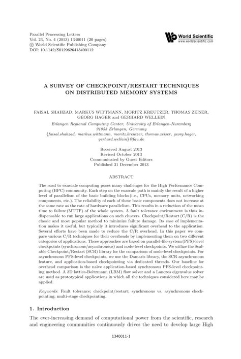 Pdf A Survey Of Checkpointrestart Techniques On Distributed Memory Systems