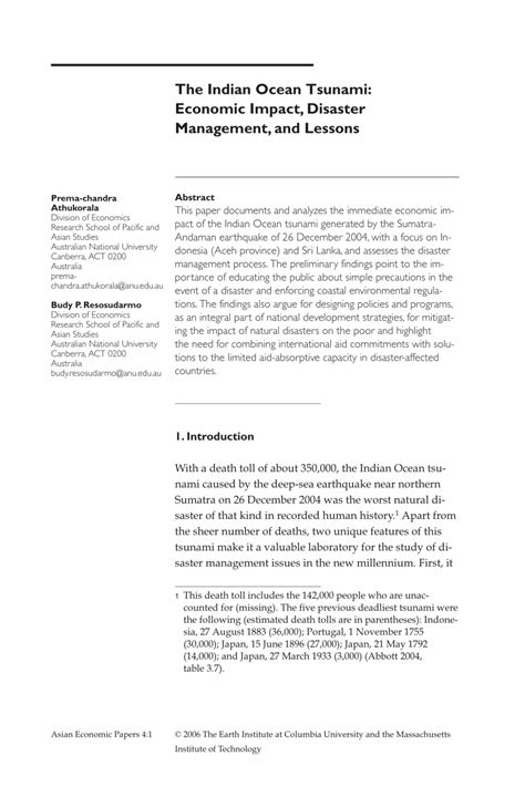 Pdf The Indian Ocean Tsunami Economic Impact Disaster Management And Lessons