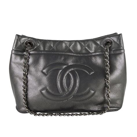 Chanel Caviar Leather Metallic Grey Tote