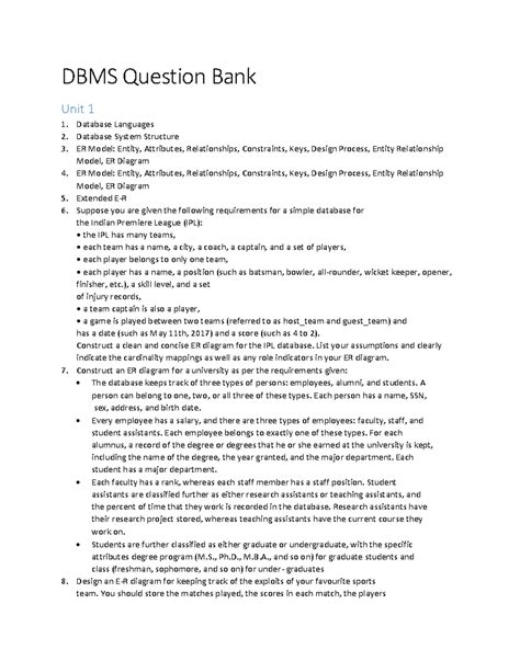 Question Bank Of DBMS DBMS Question Bank Unit Database Languages Database System Structure