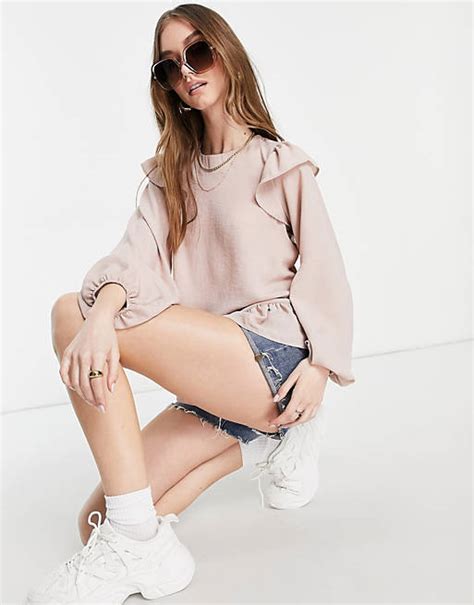 Asos Design Long Sleeve Top With Ruffle Detail In Washed Rose Asos