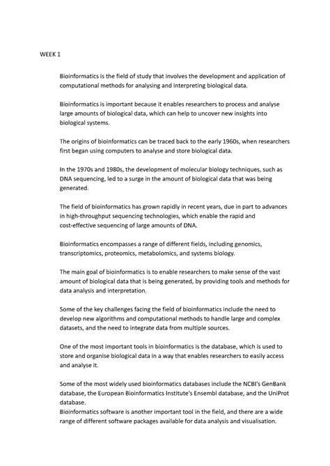 Bioinformatics Summary WEEK Bioinformatics Is The Field Of Study That Involves The