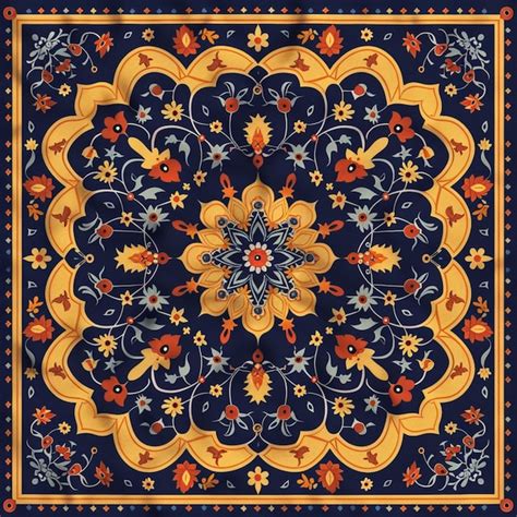 A Close Up Of A Blue And Yellow Rug With A Flower Design Generative Ai