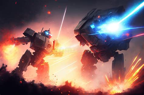 Two Robots Battle It Out With Laser Beams And Explosions Filling The