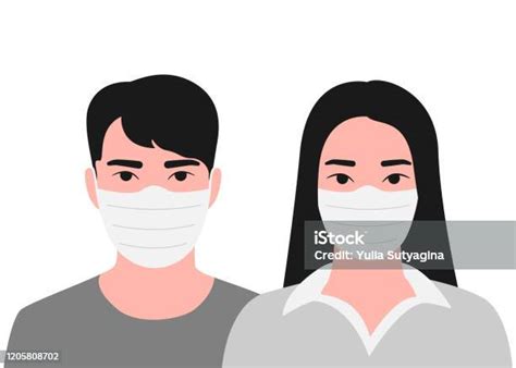 젊은 아시아 남자와 여자는 호흡 보호 마스크에 얼굴 질병 보호 독감의 위험한 경우 의료 건강 위험 벡터 일러스트레이션 감기와