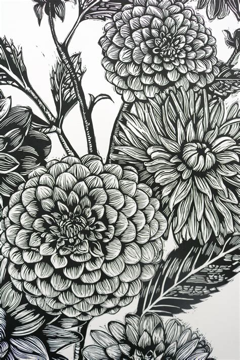 Dahlias Flower Lino Print Relief Cut Handmade Limited Edition Botanical
