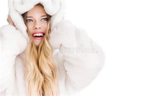 Beautiful Woman In White Fur Coat Beauty And Winter Fashion Stock