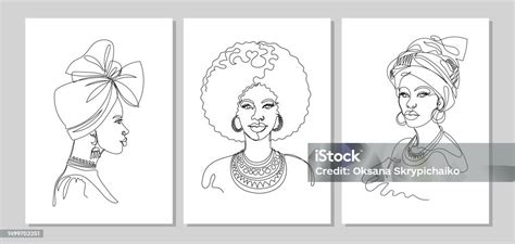 귀걸이와 목 장신구를 가진 아프리카 여성의 초상화 세트 머리를 감싼 여자 라인 아트 연속 라인 벽 예술 등을 위한 민족 디자인 흰색으로 분리된 벡터 그림입니다 낙서 드로잉에