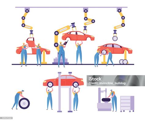 汽車生產廠機械生產線汽車工業自動化機器人設備設計工業輪胎配件設備輸送機平面卡通向量插圖中的人物性格工作向量圖形及更多汽車圖片 Istock