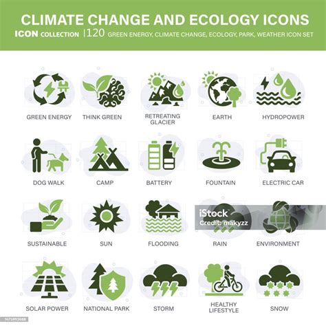 기후 변화 생태 녹색 에너지 공원 및 날씨 아이콘 세트 지구 온난화 재생 가능 에너지 온실 녹는 얼음 지구 오염 야외 활동을 포함합니다 평면 벡터 그림 기후 변화에 대한