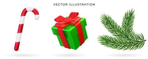 3d 사탕 지팡이 크리스마스 선물 상자 상록 소나무 가지 세트 벡터 일러스트 레이 션 현실적인 크리스마스 컬렉션 새해 축하를 위한 크리스마스 장식 12월에 대한 스톡 벡터